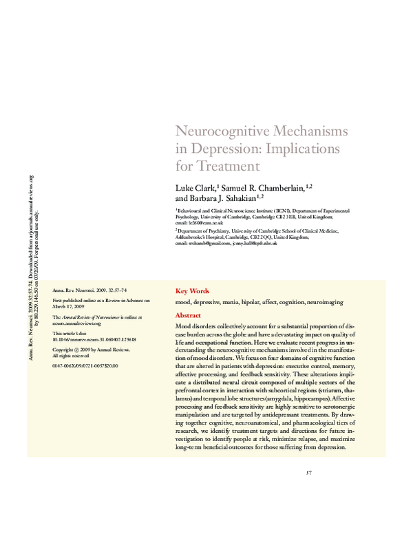 (PDF) Neurocognitive Mechanisms in Depression: Implications for Treatment | Barbara Sahakian ...