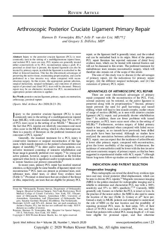 (PDF) Arthroscopic Posterior Cruciate Ligament Primary Repair