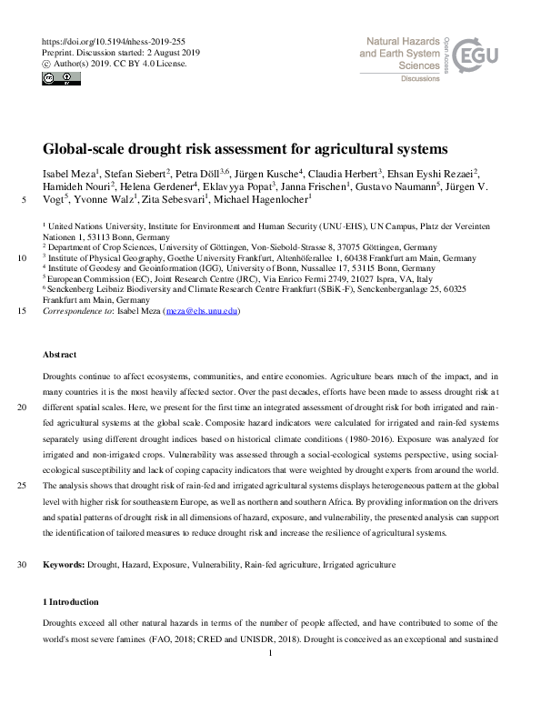 (PDF) Global-scale drought risk assessment for agricultural systems