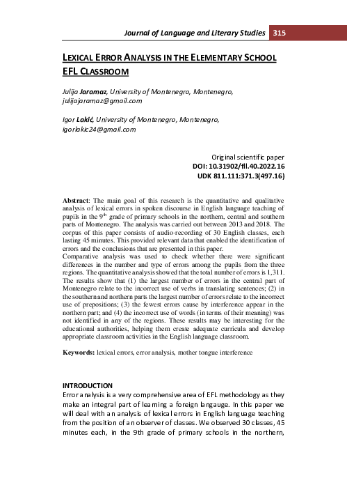 (PDF) Lexical Error Analysis in the Elementary School Efl Classroom