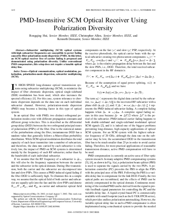 (PDF) PMD-insensitive SCM optical receiver using polarization diversity
