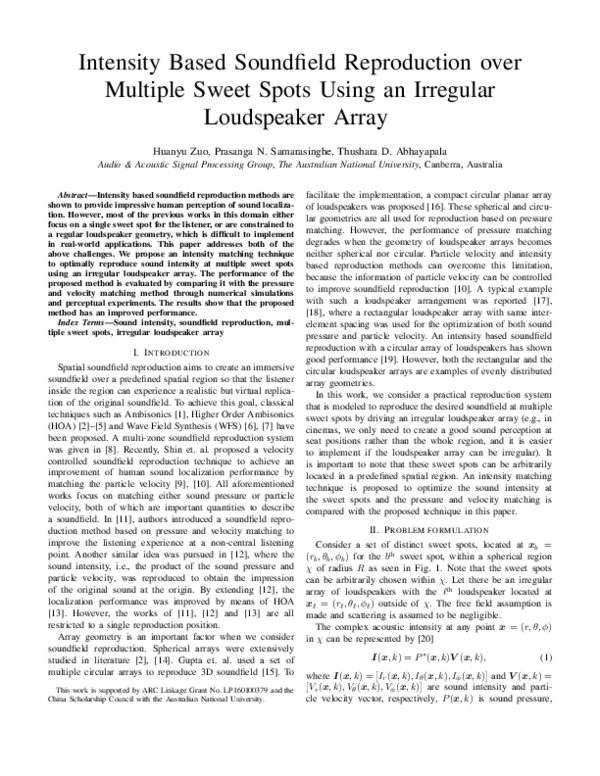 (PDF) Intensity Based Soundfield Reproduction over Multiple Sweet Spots Using an Irregular ...