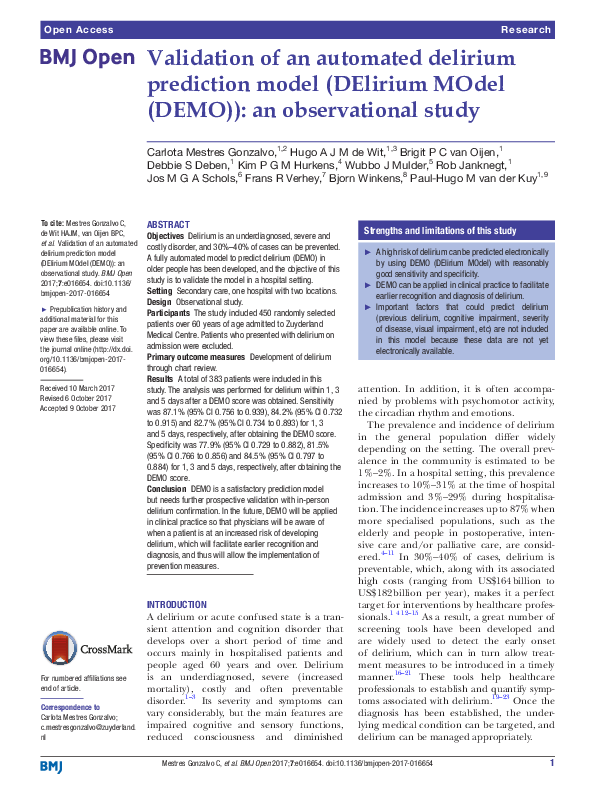 (PDF) Validation of an automated delirium prediction model (DElirium MOdel (DEMO)): an ...