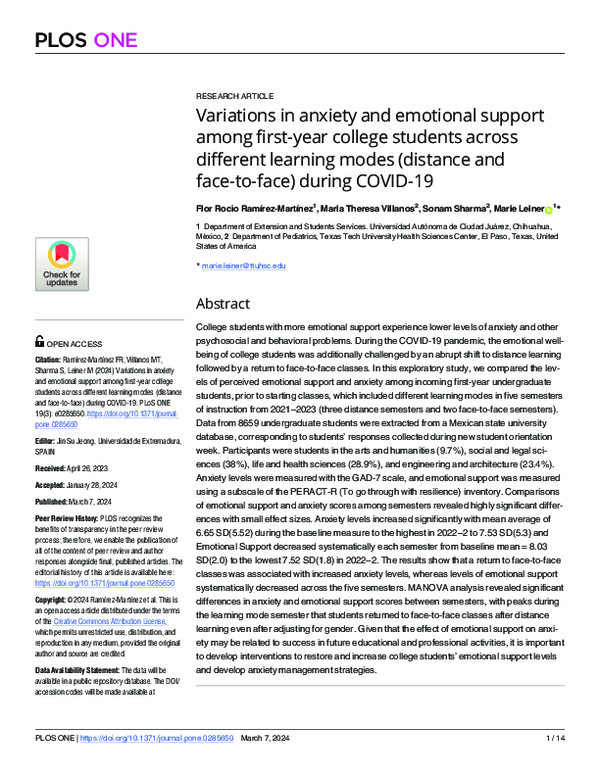 (PDF) Variations in anxiety and emotional support among first-year ...