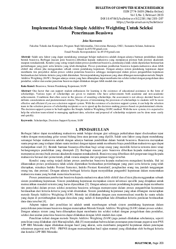 (PDF) Implementasi Metode Simple Additive Weighting Untuk Seleksi ...