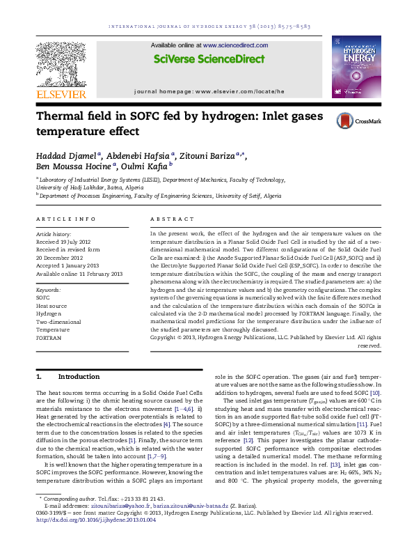 (PDF) Thermal field in SOFC fed by hydrogen: Inlet gases temperature ...