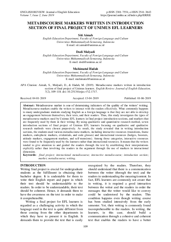 (PDF) Metadiscourse Markers Written in Introduction Section of Final ...