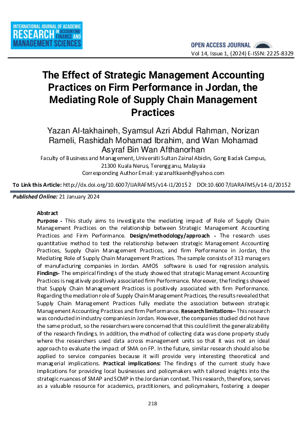 (PDF) The Effect of Strategic Management Accounting Practices on Firm Performance in Jordan, the ...