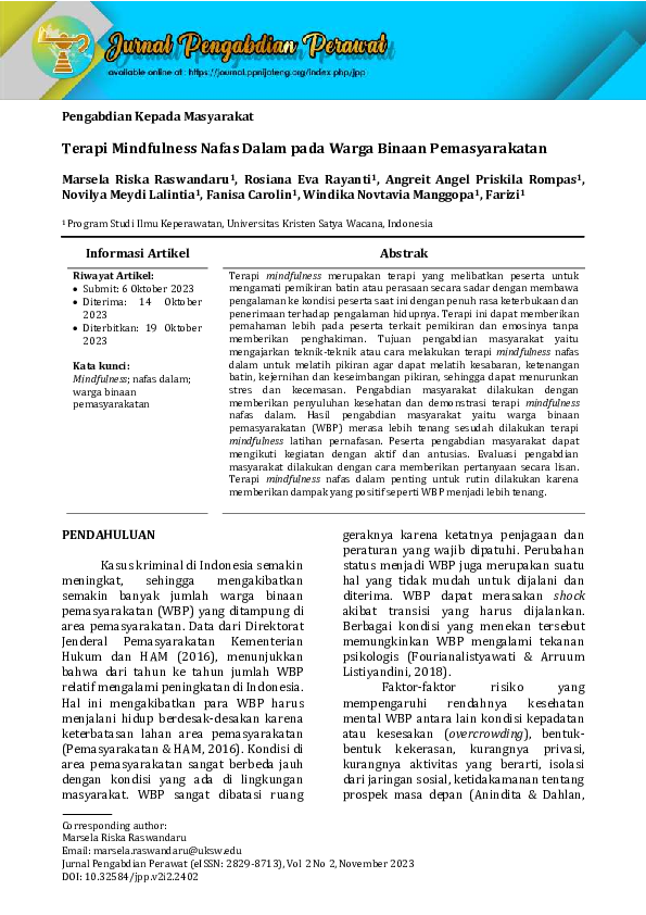 (PDF) Terapi Mindfulness Nafas Dalam pada Warga Binaan Pemasyarakatan