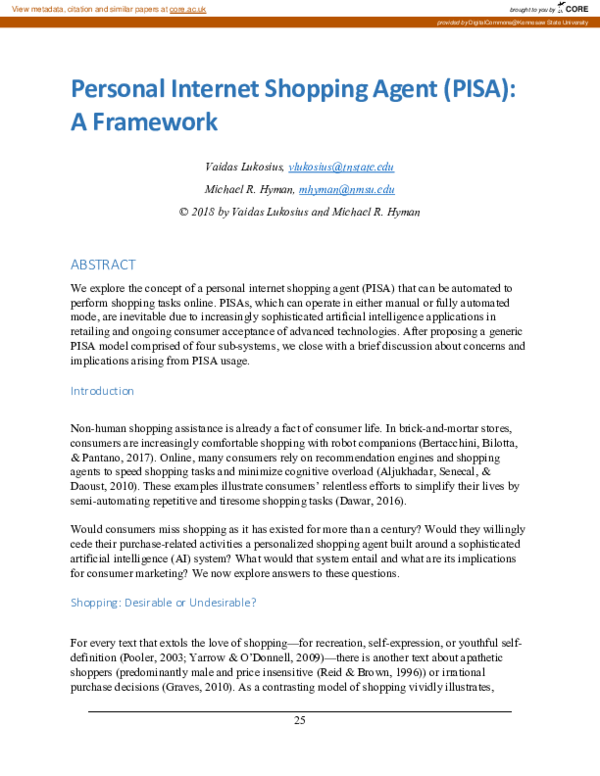 (PDF) Personal Internet Shopping Agent (PISA): A Framework