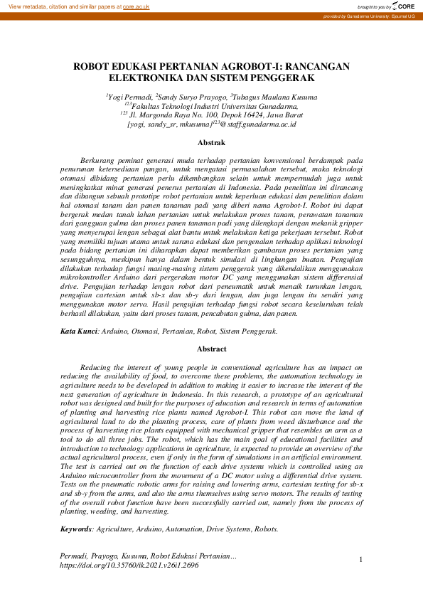 (PDF) Robot Edukasi Pertanian Agrobot-I: Rancangan Elektronika Dan Sistem Penggerak | Yogi ...
