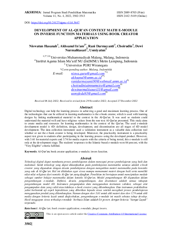 (PDF) Development of Al-Qur'An Context Math E-Module on Invers Function Materials Using Book ...