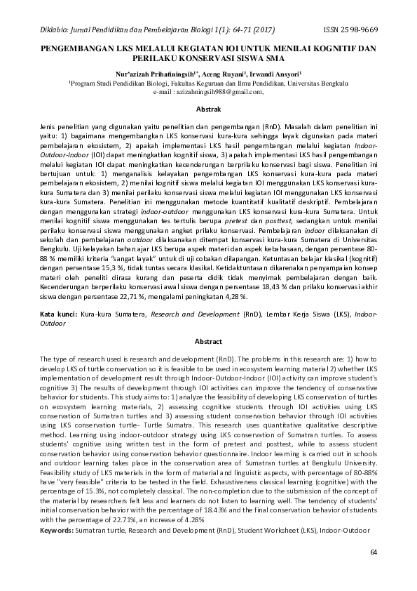 (PDF) Pengembangan LKS Melalui Kegiatan Ioi Untuk Menilai Kognitif Dan Perilaku Konservasi Siswa Sma