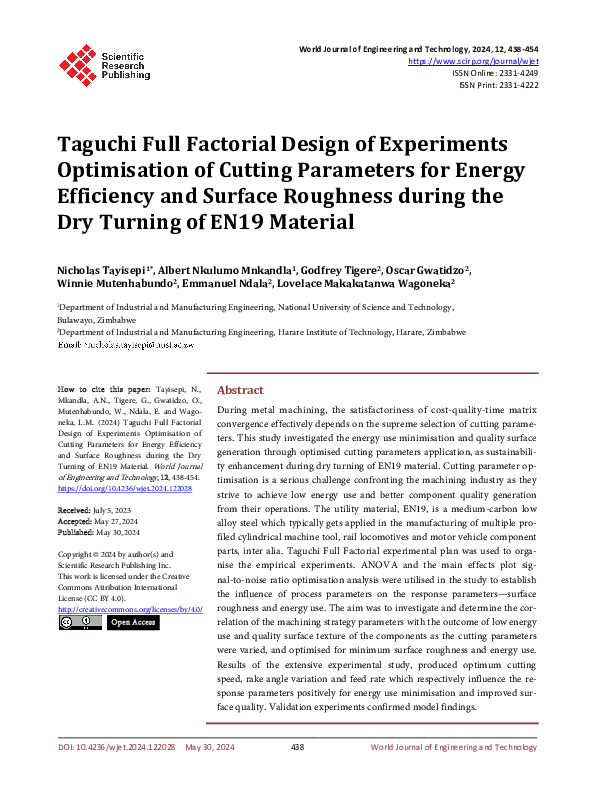 (PDF) Taguchi Full Factorial Design of Experiments Optimisation of Cutting Parameters for Energy ...