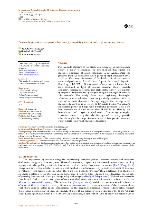 (PDF) Determinants of corporate disclosures: An empirical test of ...