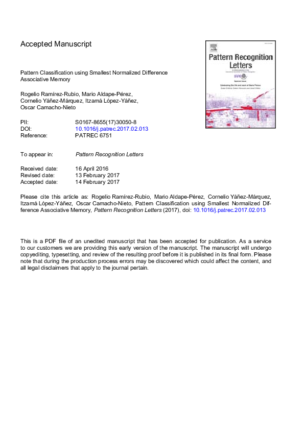 (PDF) Pattern classification using smallest normalized difference associative memory