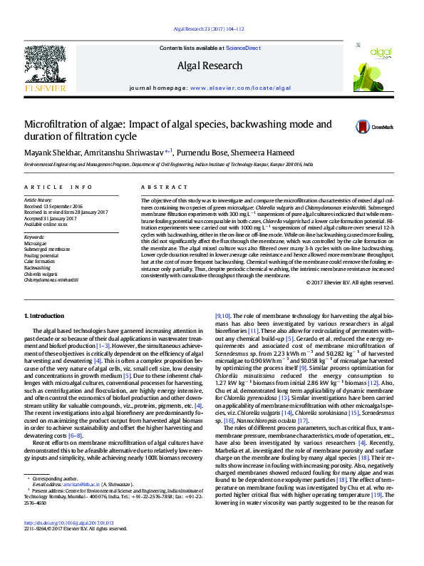 (PDF) Microfiltration of algae: Impact of algal species, backwashing ...