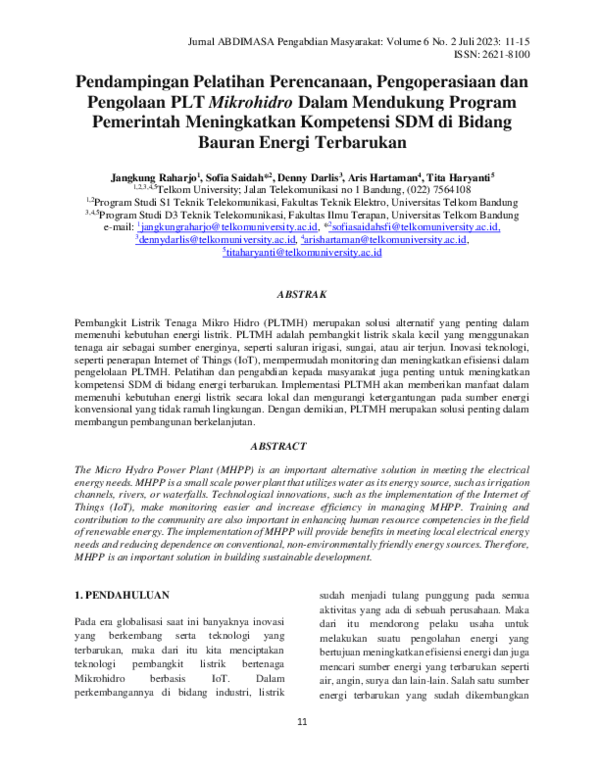 (PDF) Pendampingan Pelatihan Perencanaan, Pengoperasiaan dan Pengolaan PLT Mikrohidro Dalam ...
