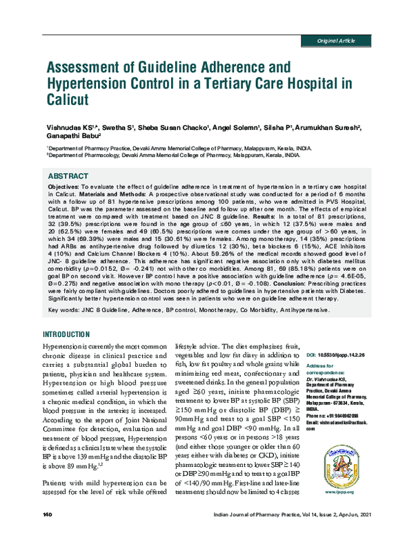 (PDF) Assessment of Guideline Adherence and Hypertension Control in a ...