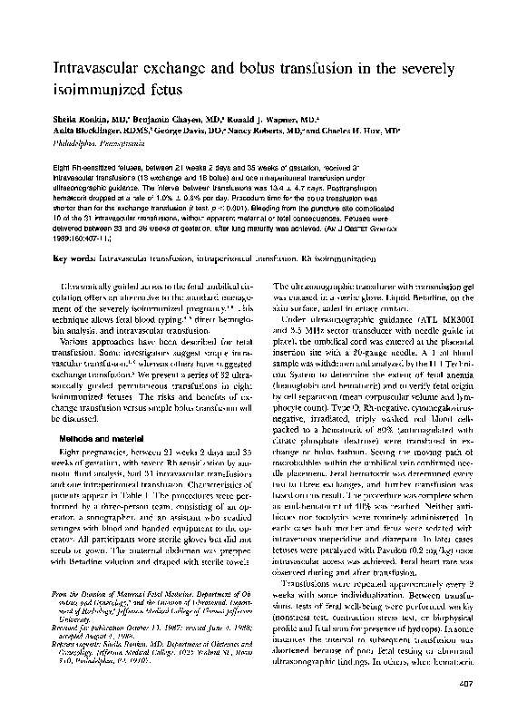 (PDF) Intravascular exchange and bolus transfusion in the severely ...