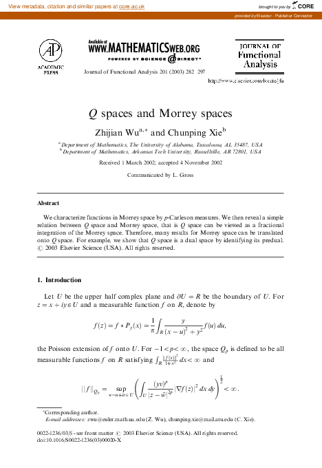 (PDF) Q spaces and Morrey spaces