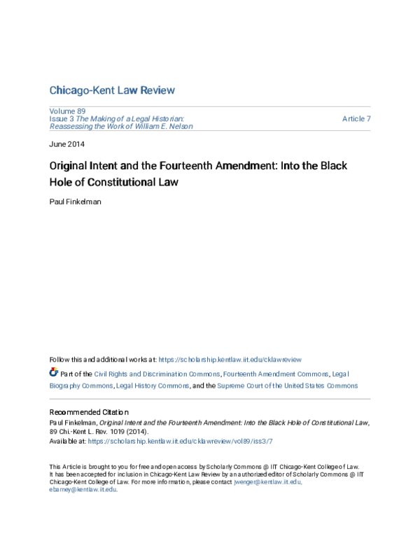 (PDF) Original Intent and the Fourteenth Amendment: Into the Black Hole ...