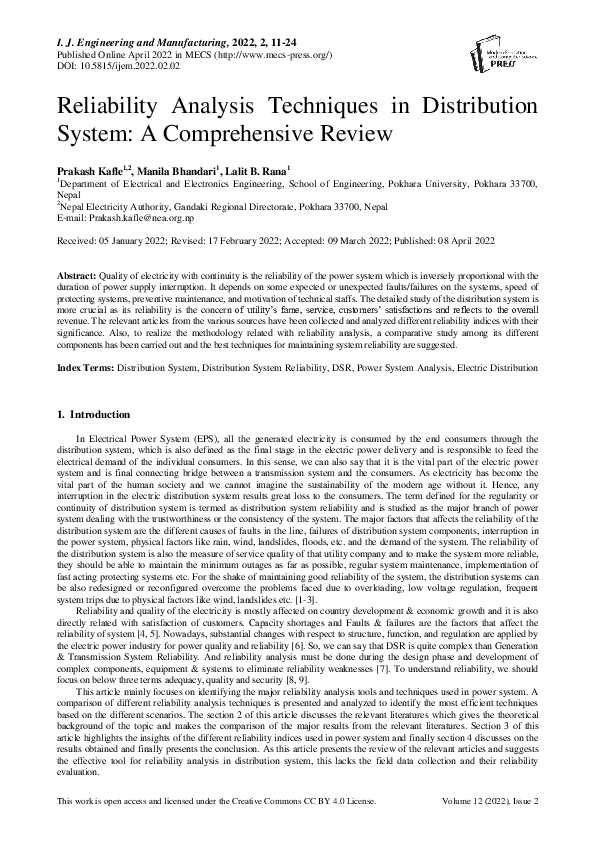 (PDF) Reliability Analysis Techniques in Distribution System: A Comprehensive Review