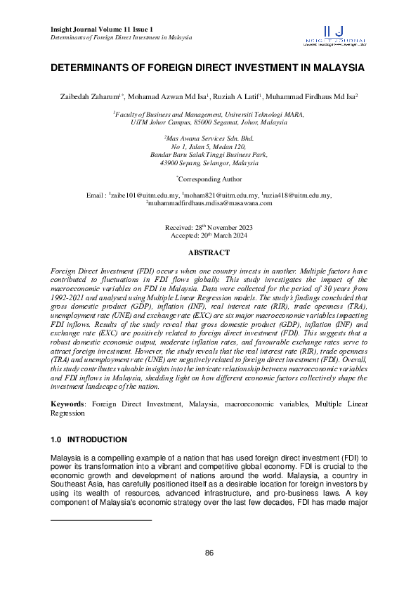 (PDF) Determinants Of Foreign Direct Investment In Malaysia