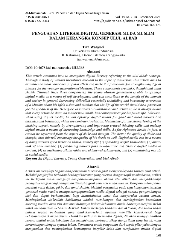 (PDF) Penguatan Literasi Digital Generasi Muda Muslim dalam Kerangka Konsep Ulul Albab