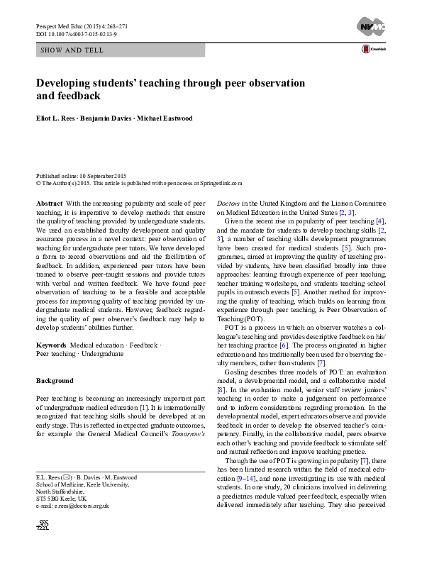 (PDF) Developing students’ teaching through peer observation and feedback