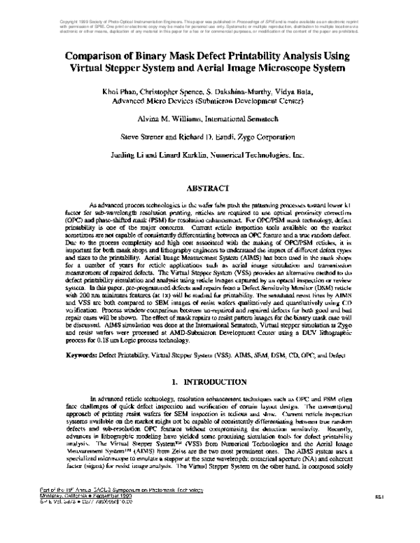 Pdf Comparison Of Binary Mask Defect Printability Analysis Using Virtual Stepper System And 