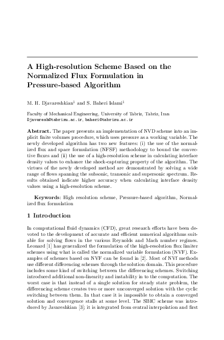 (PDF) A High-resolution Scheme Based on the Normalized Flux Formulation in Pressure-based Algorithm