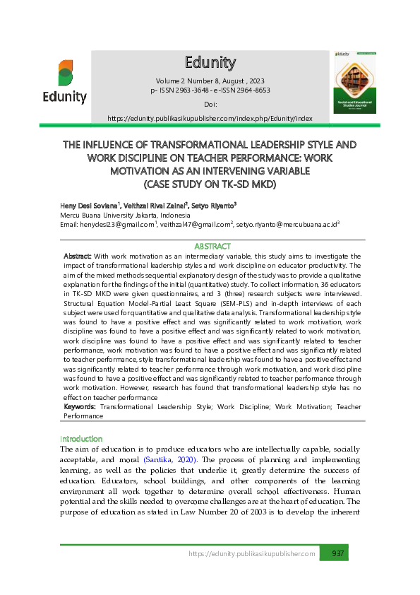 (PDF) The Influence of Transformational Leadership Style and Work Discipline on Teacher ...