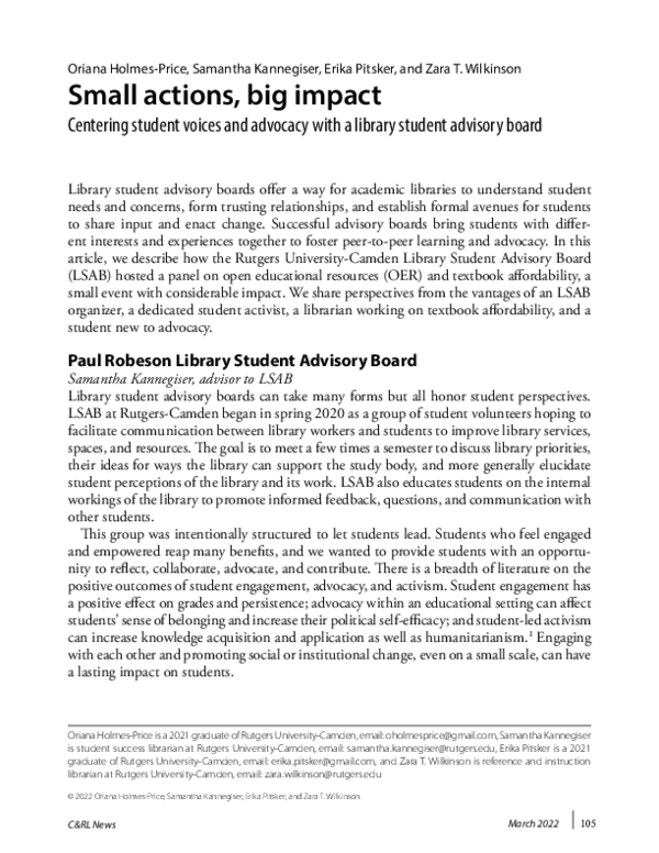 (PDF) Small actions, big impact: Centering student voices and advocacy ...