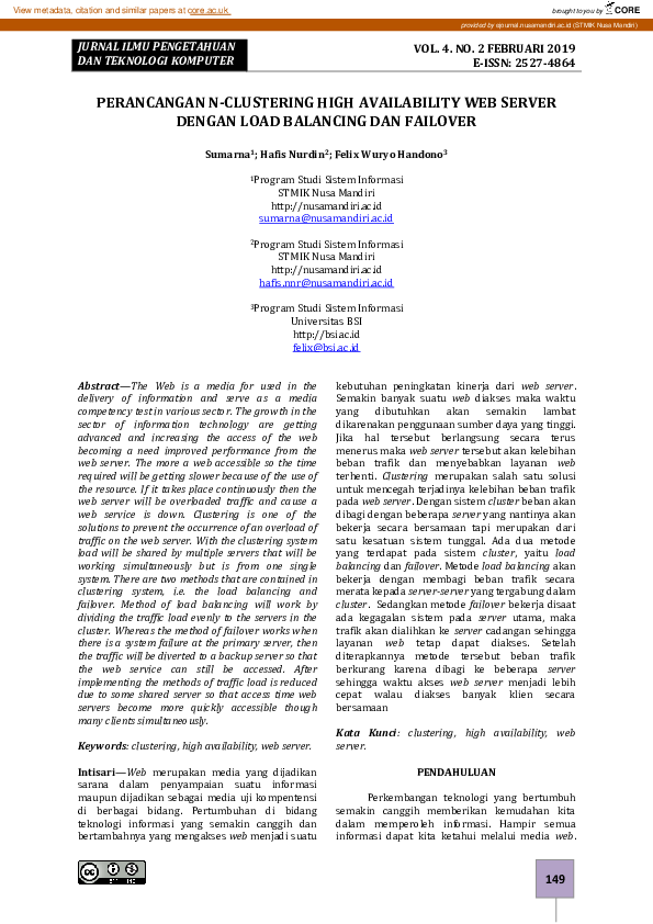 (PDF) Perancangan N-Clustering High Availability Web Server Dengan Load Balancing Dan Failover