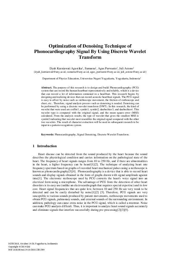 (PDF) Optimization of Denoising Technique of Phonocardiography Signal By Using Discrete Wavelet ...