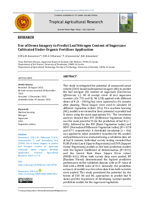 (PDF) Use of Drone Imagery to Predict Leaf Nitrogen Content of Sugarcane Cultivated Under ...