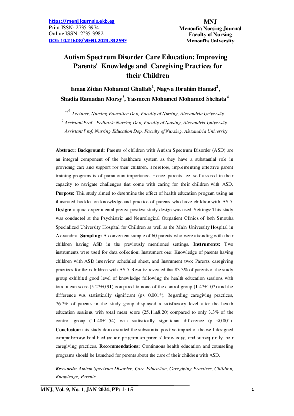 (PDF) Autism Spectrum Disorder Care Education: Improving Parents' Knowledge and Caregiving ...