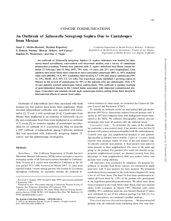 (PDF) An Outbreak ofSalmonellaSerogroup Saphra Due to Cantaloupes from ...