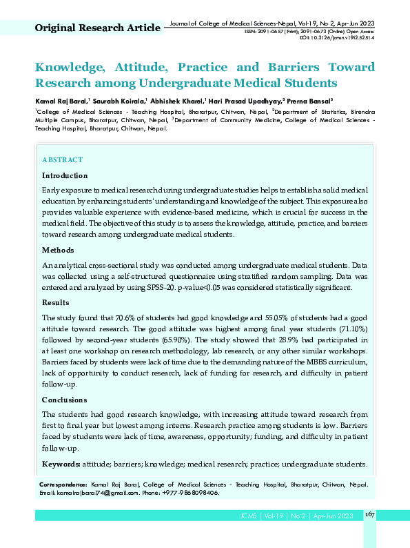 (PDF) Knowledge, Attitude, Practice and Barriers Toward Research Among Undergraduate Medical ...