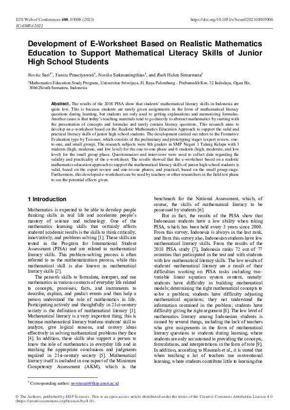 (PDF) Development of E-Worksheet Based on Realistic Mathematics Education to Support ...