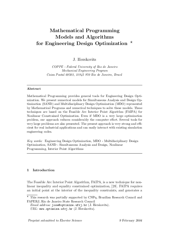 (PDF) Mathematical programming models and algorithms for engineering ...