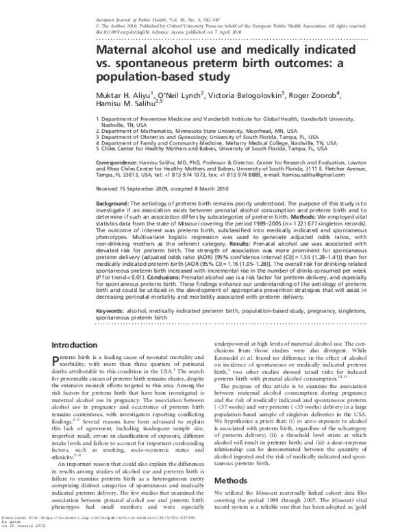 (PDF) Maternal alcohol use and medically indicated vs. spontaneous ...