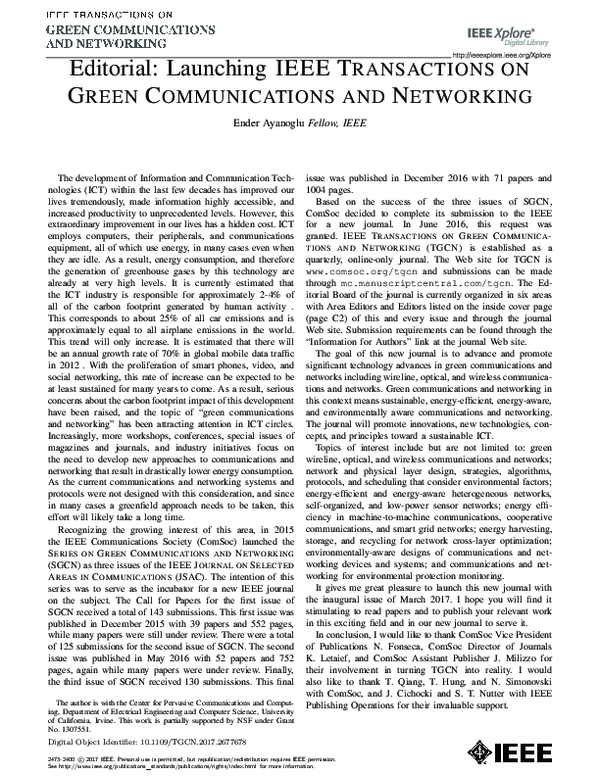 (PDF) Editorial Launching IEEE Transactions on Green Communications and ...