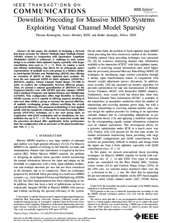 (PDF) Downlink Precoding for Massive MIMO Systems Exploiting Virtual Channel Model Sparsity