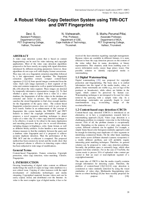 (PDF) A Robust Video Copy Detection System using TIRI-DCT and DWT Fingerprints