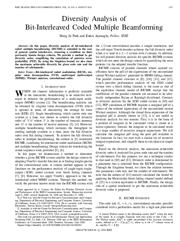 (PDF) Diversity Analysis of Bit-Interleaved Coded Multiple Beamforming