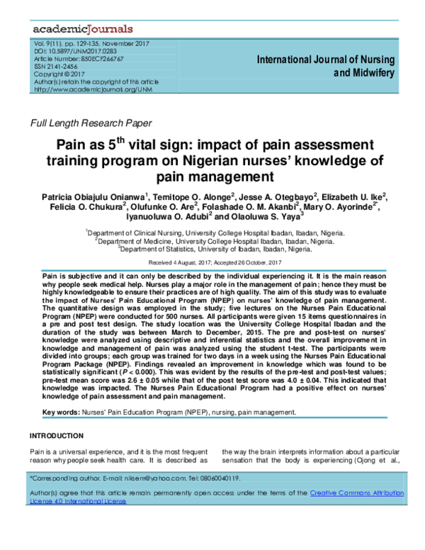 (PDF) Pain as 5th vital sign: impact of pain assessment training ...