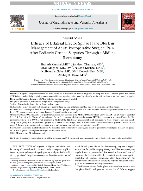 (PDF) Efficacy of Bilateral Erector Spinae Plane Block in Management of ...