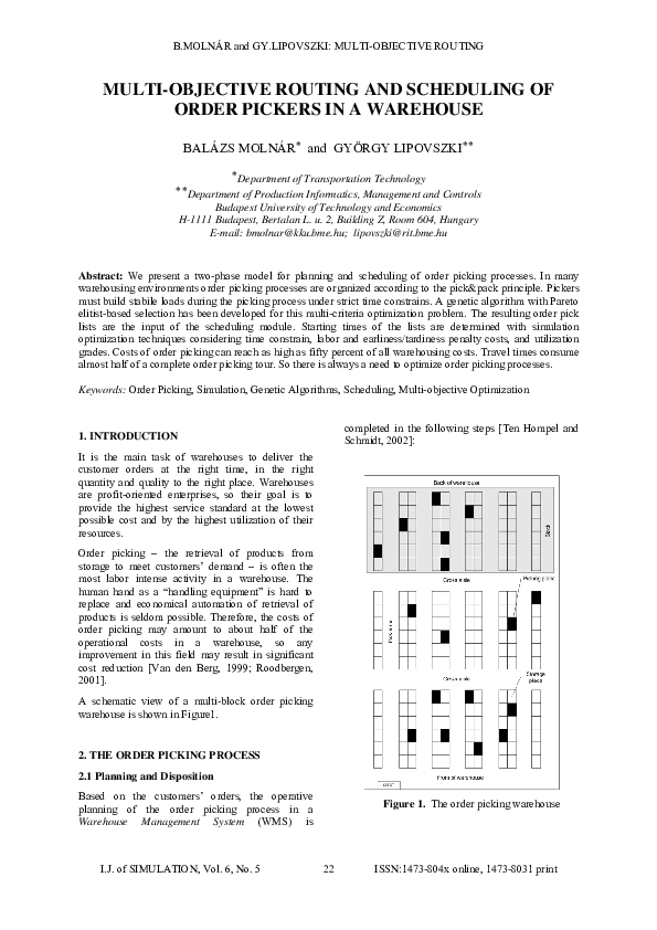Pdf Multi Objective Routing And Scheduling Of Order Pickers In A